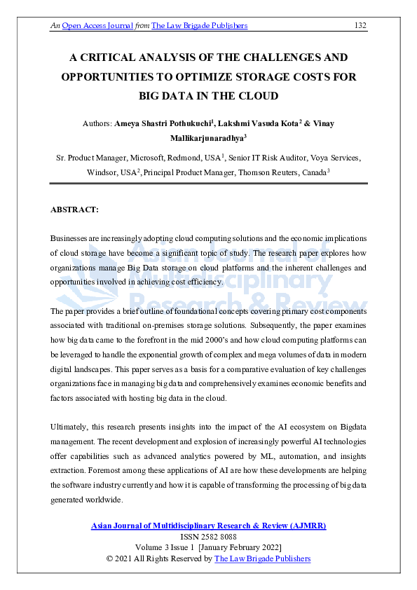 (PDF) A CRITICAL ANALYSIS OF THE CHALLENGES AND OPPORTUNITIES TO OPTIMIZE STORAGE COSTS FOR BIG ...
