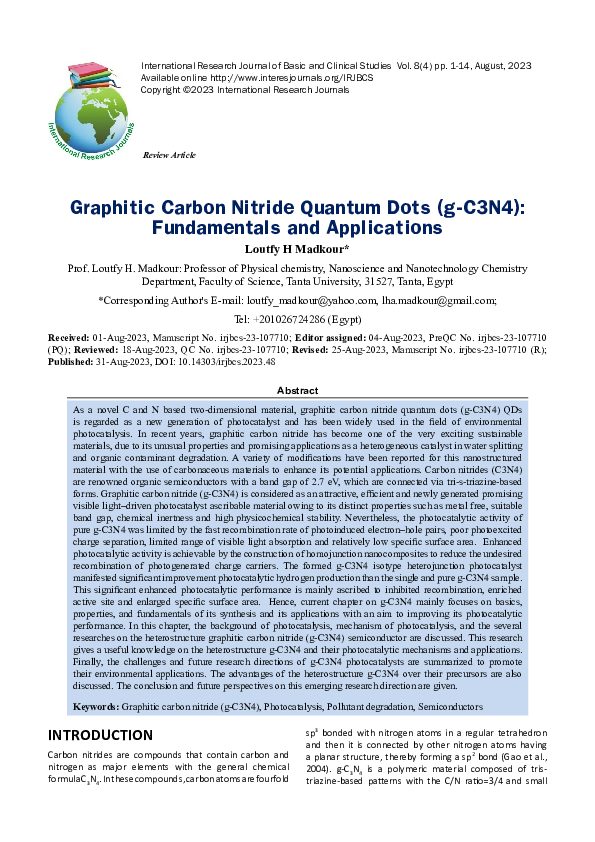 (PDF) Graphitic Carbon Nitride Quantum Dots (g-C3N4): Fundamentals and Applications