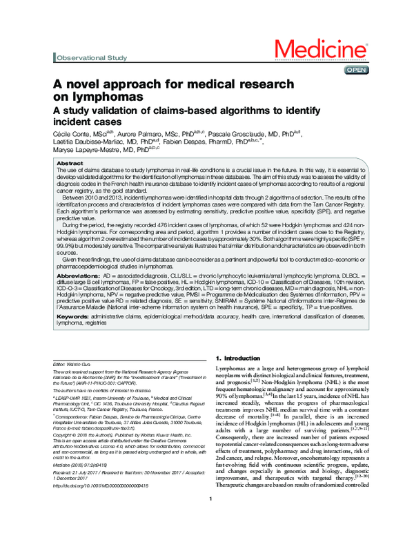 (PDF) A novel approach for medical research on lymphomas: A study validation of claims-based ...