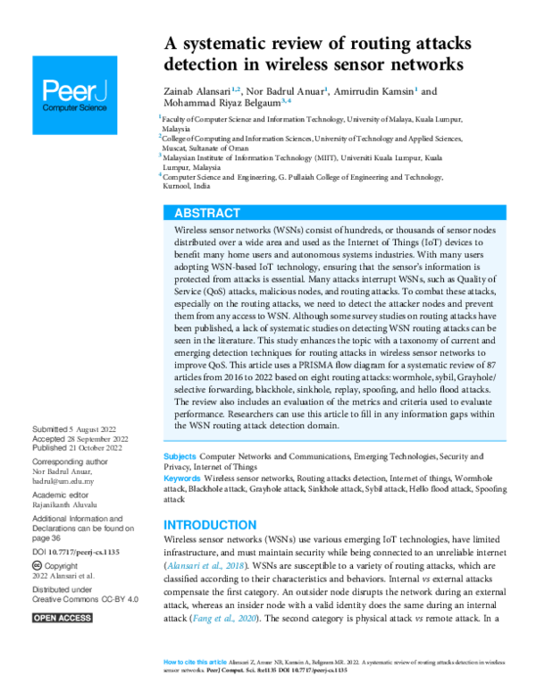 Pdf A Systematic Review Of Routing Attacks Detection In Wireless Sensor Networks