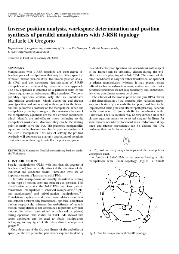 (PDF) Inverse position analysis, workspace determination and position synthesis of parallel ...