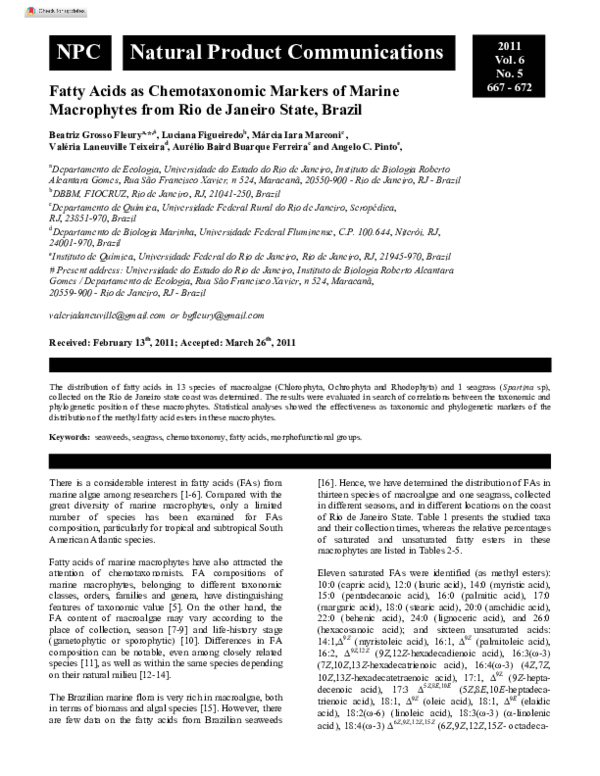 (PDF) Fatty Acids as Chemotaxonomic Markers of Marine Macrophytes from ...