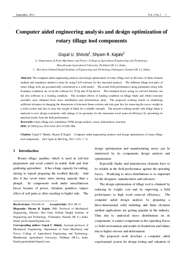 (PDF) Computer aided engineering analysis and design optimization of rotary tillage tool components