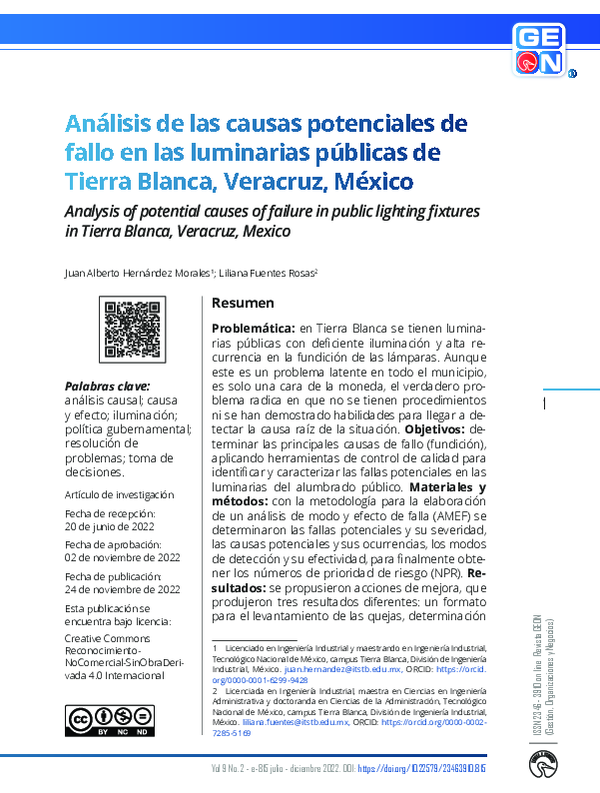 (PDF) Análisis de las causas potenciales de fallo en las luminarias públicas de Tierra Blanca ...