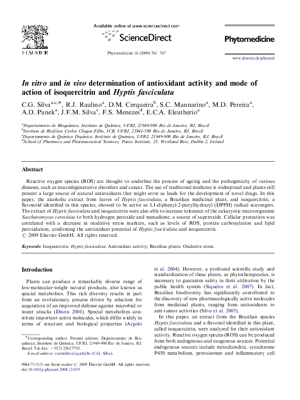 (PDF) In vitro and in vivo determination of antioxidant activity and mode of action of ...