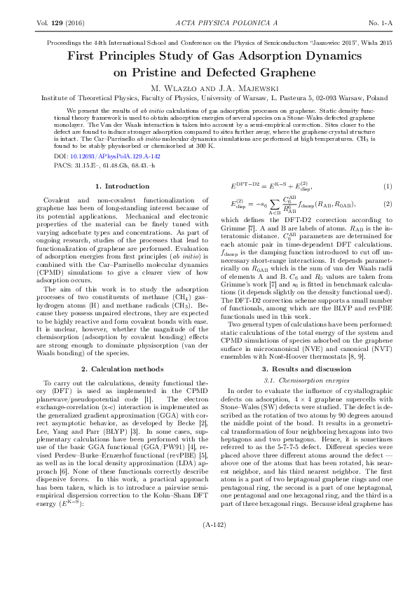 (PDF) First Principles Study of Gas Adsorption Dynamics on Pristine and Defected Graphene ...