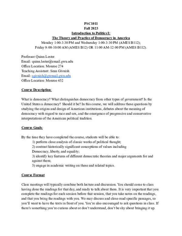 (PDF) Introduction to Politics I Fall 2023