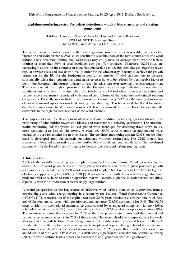 (PDF) Real-time monitoring system for defects detection in wind turbine structures and rotating ...