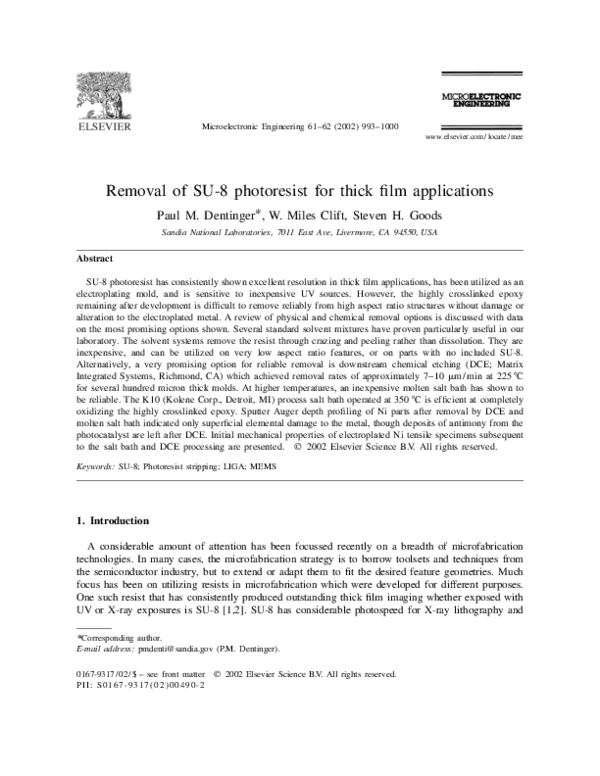 (PDF) Removal of SU-8 photoresist for thick film applications
