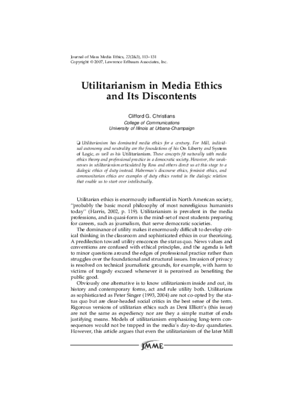 (PDF) Utilitarianism in Media Ethics and Its Discontents
