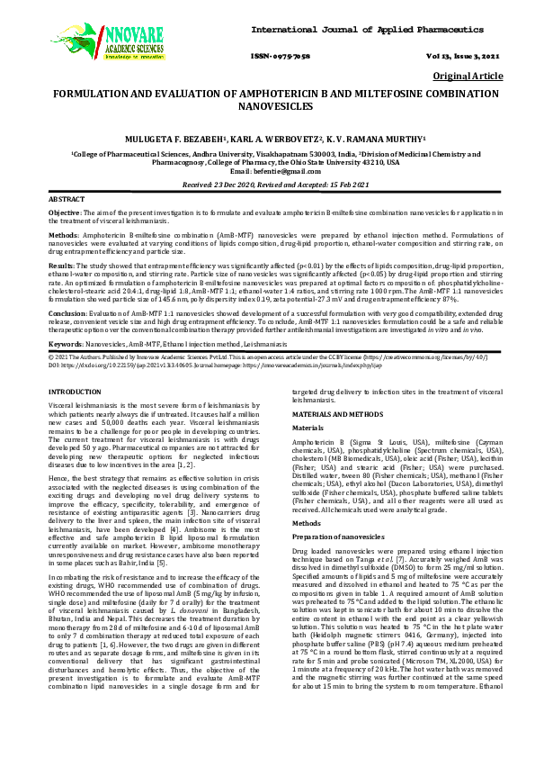 (PDF) Formulation and Evaluation of Amphotericin B and Miltefosine Combination Nanovesicles ...