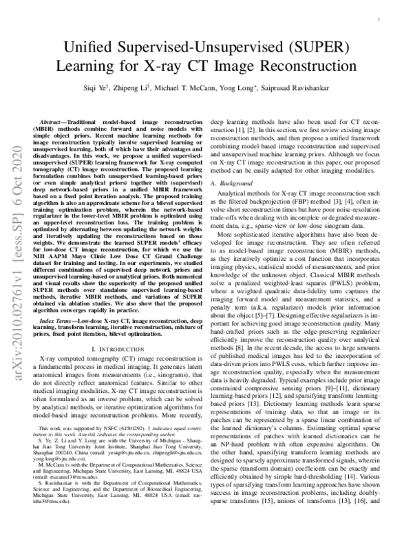 (PDF) Unified Supervised-Unsupervised (SUPER) Learning for X-Ray CT Image Reconstruction