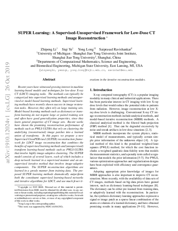 (PDF) SUPER Learning: A Supervised-Unsupervised Framework for Low-Dose CT Image Reconstruction