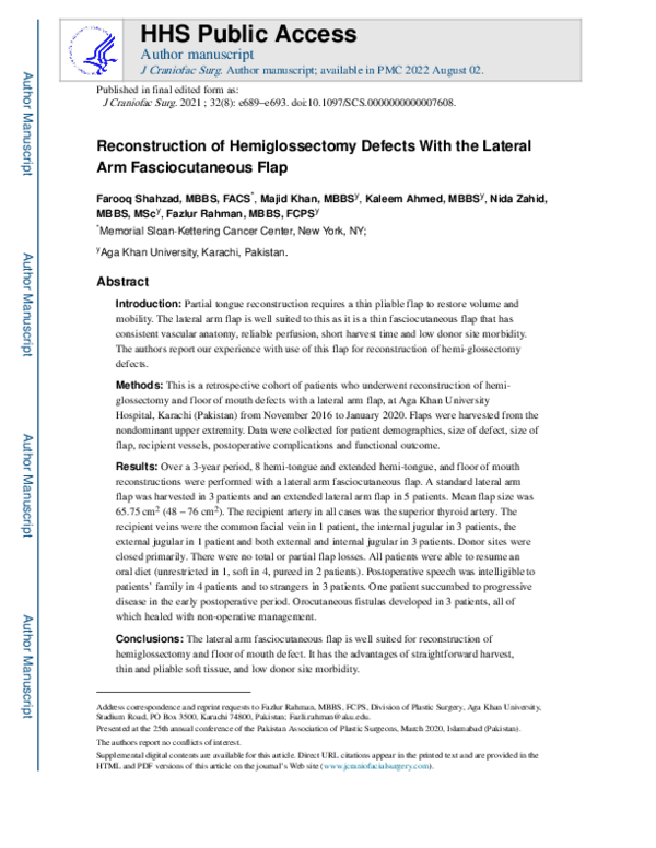 (PDF) Reconstruction of Hemiglossectomy Defects With the Lateral Arm ...