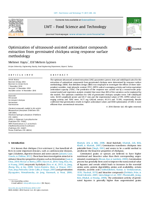 Pdf Optimization Of Ultrasound Assisted Antioxidant Compounds Extraction From Germinated