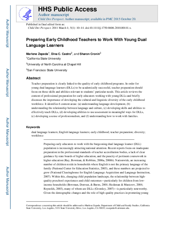 (PDF) Preparing Early Childhood Teachers to Work With Young Dual Language Learners | Marlene ...