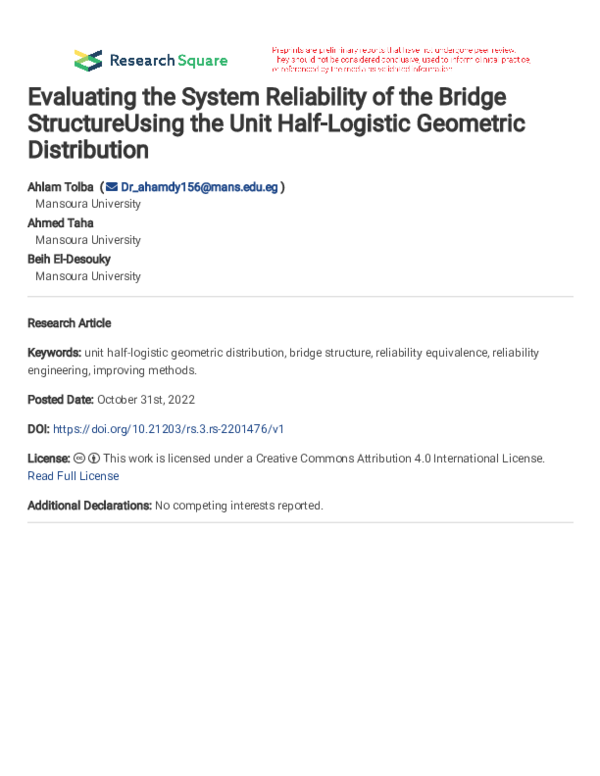 (PDF) Evaluating the System Reliability of the Bridge StructureUsing the Unit Half-Logistic ...