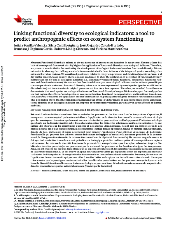 (PDF) Linking functional diversity to ecological indicators: a tool to predict anthropogenic ...