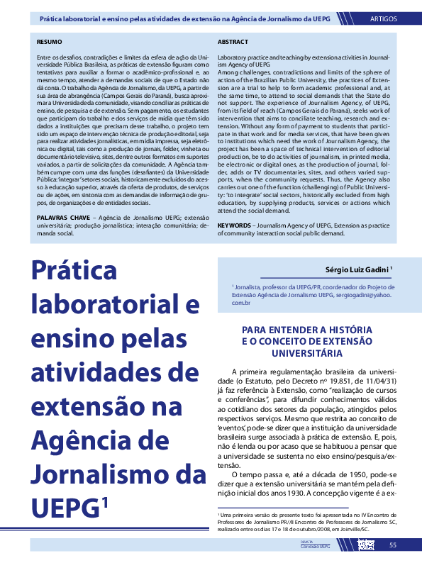 (PDF) Prática Laboratorial e Ensino Pelas Atividades De Extensão Na Agência De Jornalismo Da Uepg