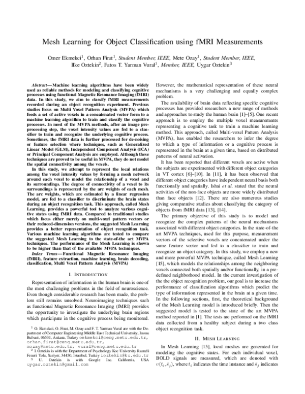 Pdf Mesh Learning For Object Classification Using Fmri Measurements 