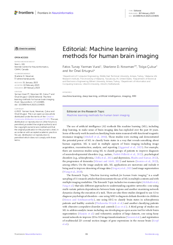 (PDF) Editorial: Machine learning methods for human brain imaging | Fatos Tunay Yarman Vural ...