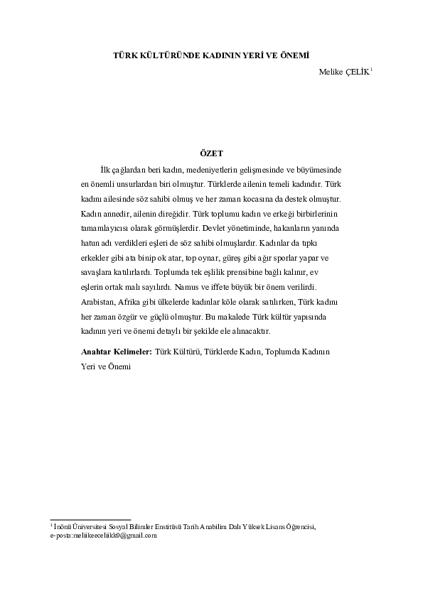 (DOC) TÜRK KÜLTÜRÜNDE KADININ YERİ VE ÖNEMİ