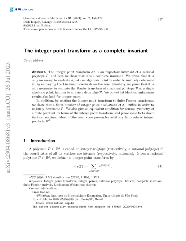(PDF) The integer point transform as a complete invariant