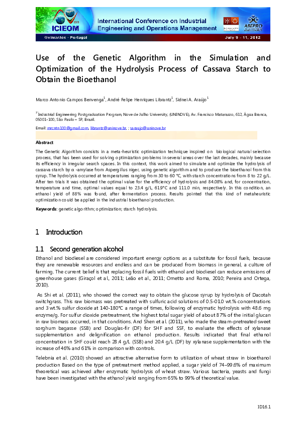 (PDF) Use of the Genetic Algorithm in the Simulation and Optimization of the Hydrolysis Process ...