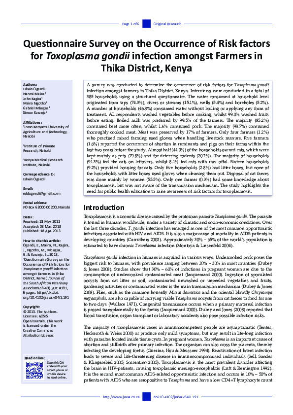 (PDF) Questionnaire Survey on the Occurrence of Risk factors for ...