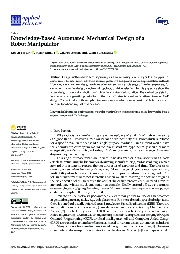 (PDF) Knowledge-Based Automated Mechanical Design of a Robot Manipulator