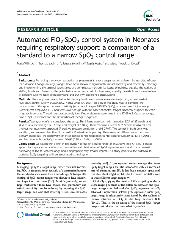 (PDF) Automated FiO2-SpO2 control system in Neonates requiring ...