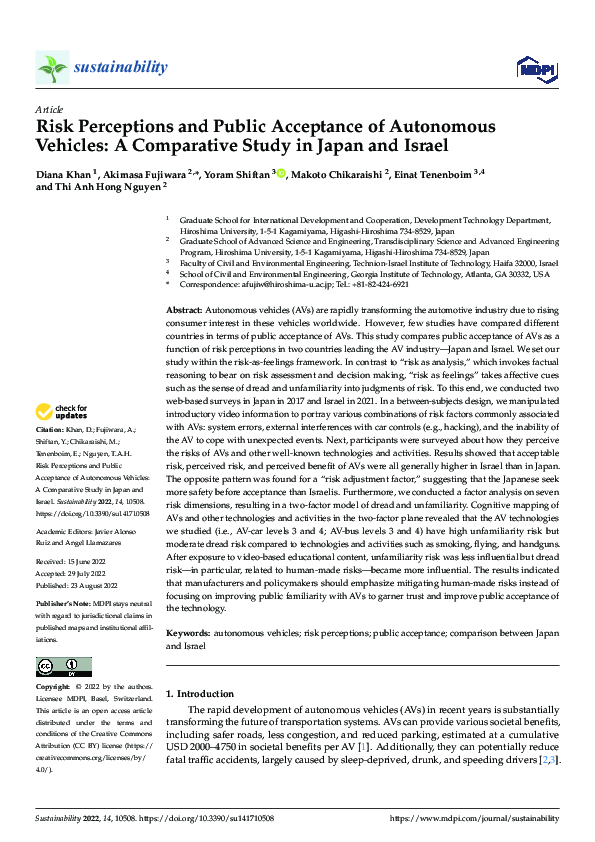 (PDF) Risk Perceptions and Public Acceptance of Autonomous Vehicles: A Comparative Study in ...