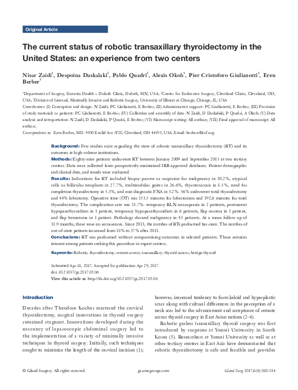 Pdf The Current Status Of Robotic Transaxillary Thyroidectomy In The