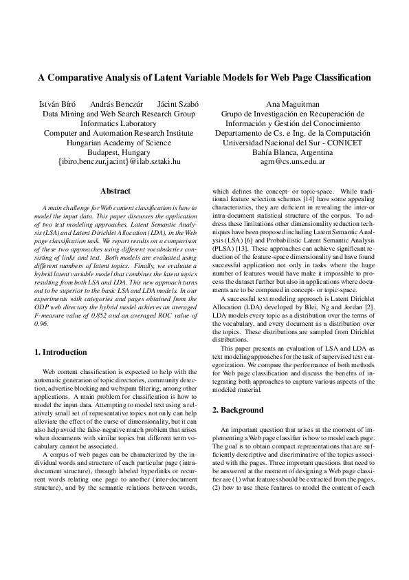 Pdf A Comparative Analysis Of Latent Variable Models For Web Page 0955