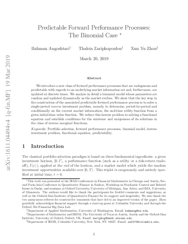 (PDF) Predictable Forward Performance Processes: The Binomial Case