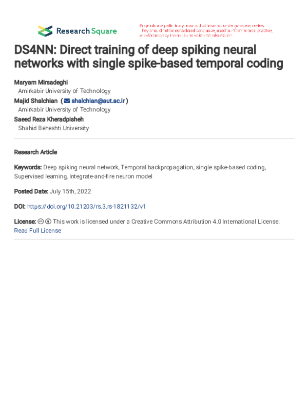 (PDF) DS4NN: Direct training of deep spiking neural networks with single spike-based temporal coding