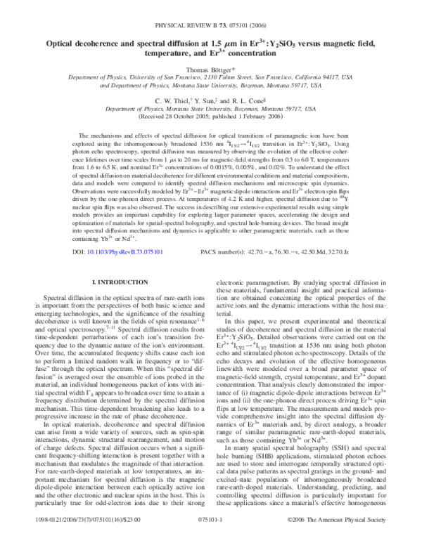 (PDF) Optical decoherence and spectral diffusion at1.5μminEr3+:Y2SiO5versus magnetic field ...
