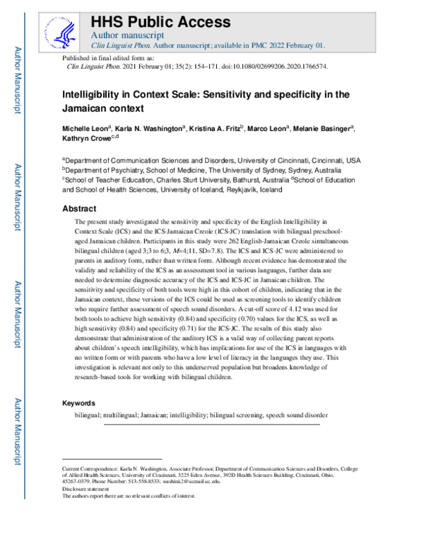 (PDF) Intelligibility in Context Scale: Sensitivity and specificity in ...