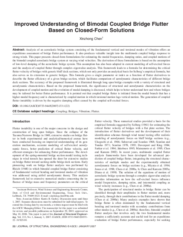 (PDF) Improved Understanding of Bimodal Coupled Bridge Flutter Based on Closed-Form Solutions