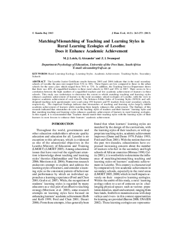 (PDF) Matching/Mismatching of Teaching and Learning Styles in Rural ...