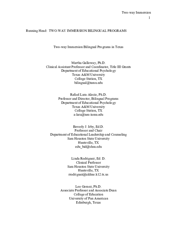 (PDF) Two-Way Immersion Bilingual Programs in Texas