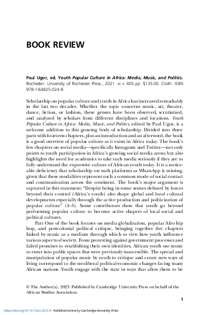 (PDF) Paul Ugor, ed. Youth Popular Culture in Africa: Media, Music, and ...