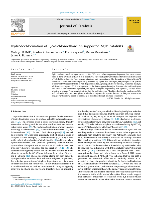 (PDF) Hydrodechlorination of 1,2-dichloroethane on supported AgPd catalysts
