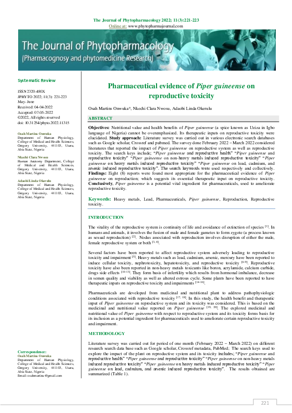 (PDF) Pharmaceutical evidence of Piper guineense on reproductive toxicity
