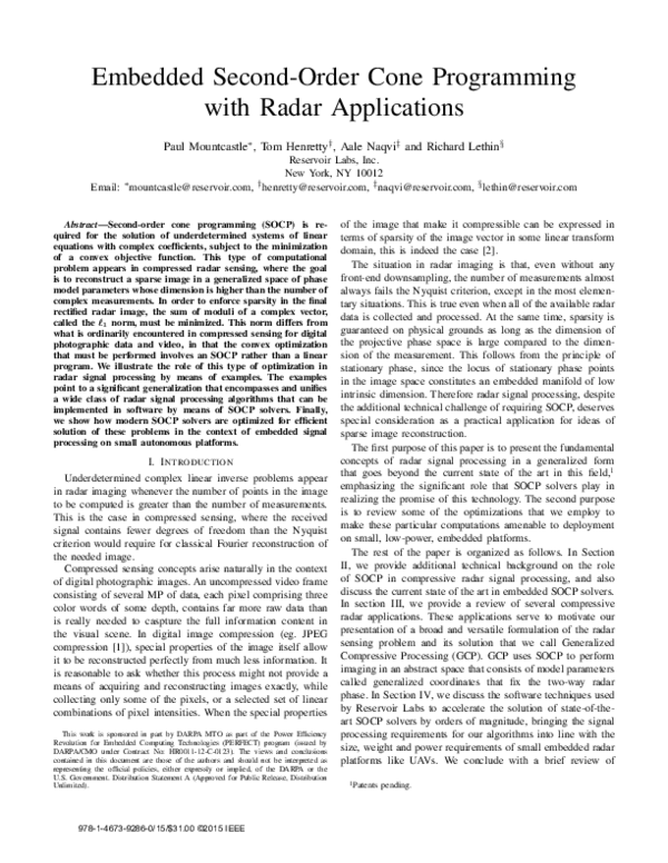 (PDF) Embedded second-order cone programming with radar applications