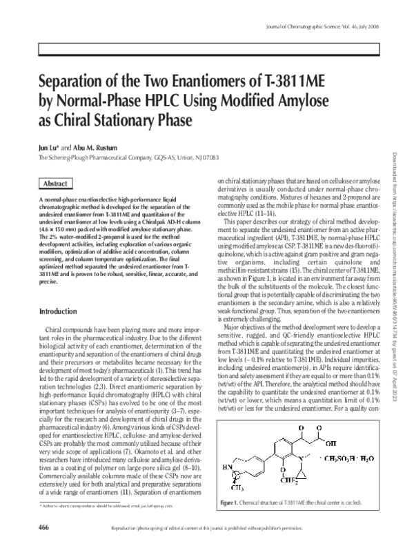 (PDF) Separation of the Two Enantiomers of T-3811ME by Normal-Phase HPLC Using Modified Amylose ...