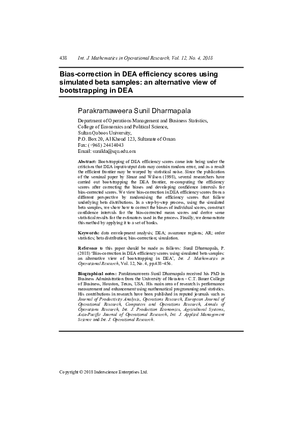(PDF) Bias-correction in DEA efficiency scores using simulated beta ...