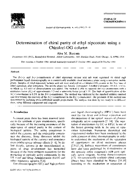 (PDF) Determination of chiral purity of ethyl nipecotate using a ...