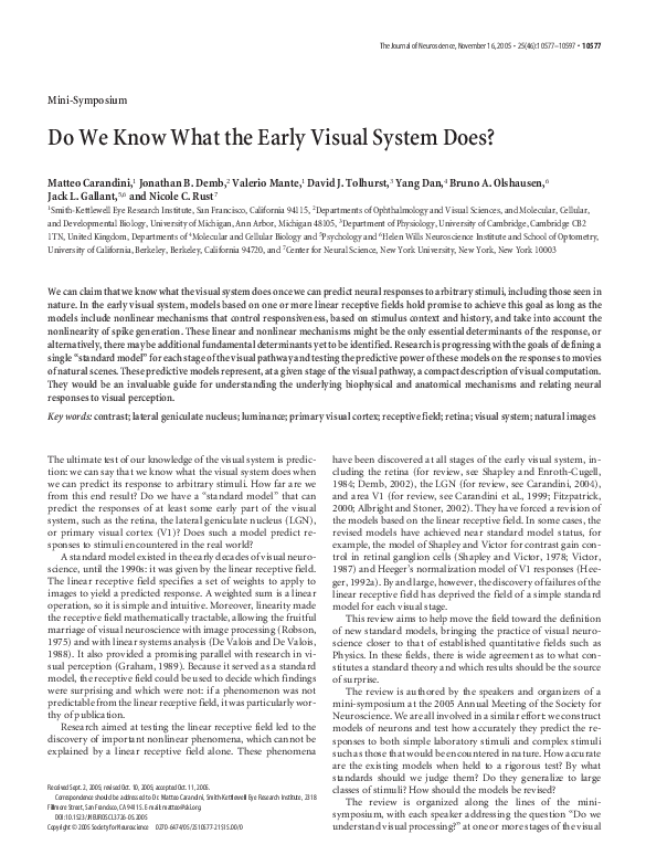 (PDF) Do We Know What the Early Visual System Does?