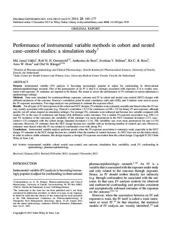 (PDF) Performance of instrumental variable methods in cohort and nested case-control studies: a ...